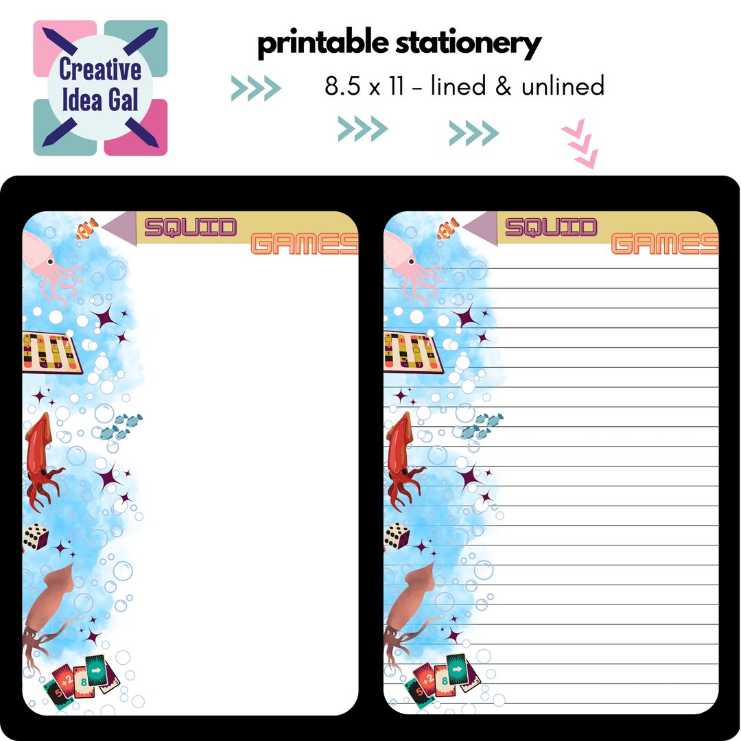 Printable Squid Board Games Stationery, Lined Unlined Letter Writing ...