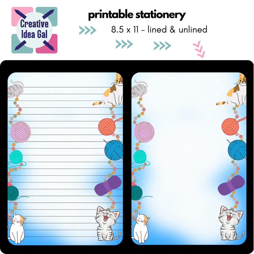 Printable Cat, Yarn, Cute Stationery, Lined Unlined Letter Writing ...