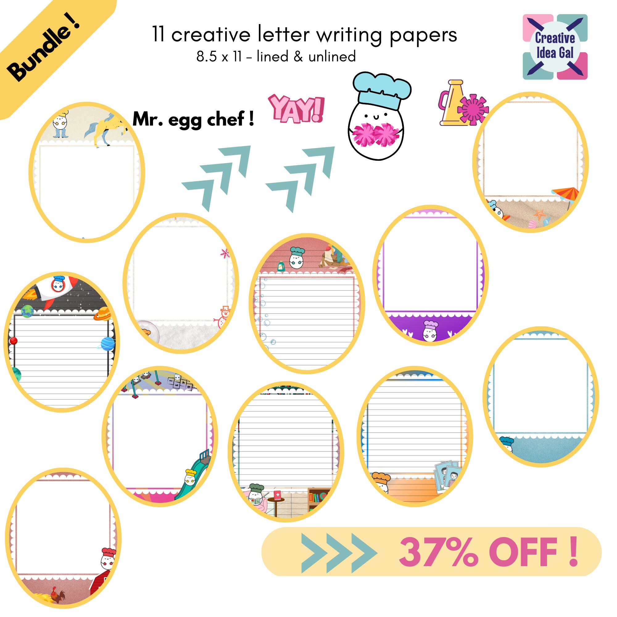 Bundle 11 Sets Printable Unique Stationery, Mr. Egg Chef Cute Lined ...