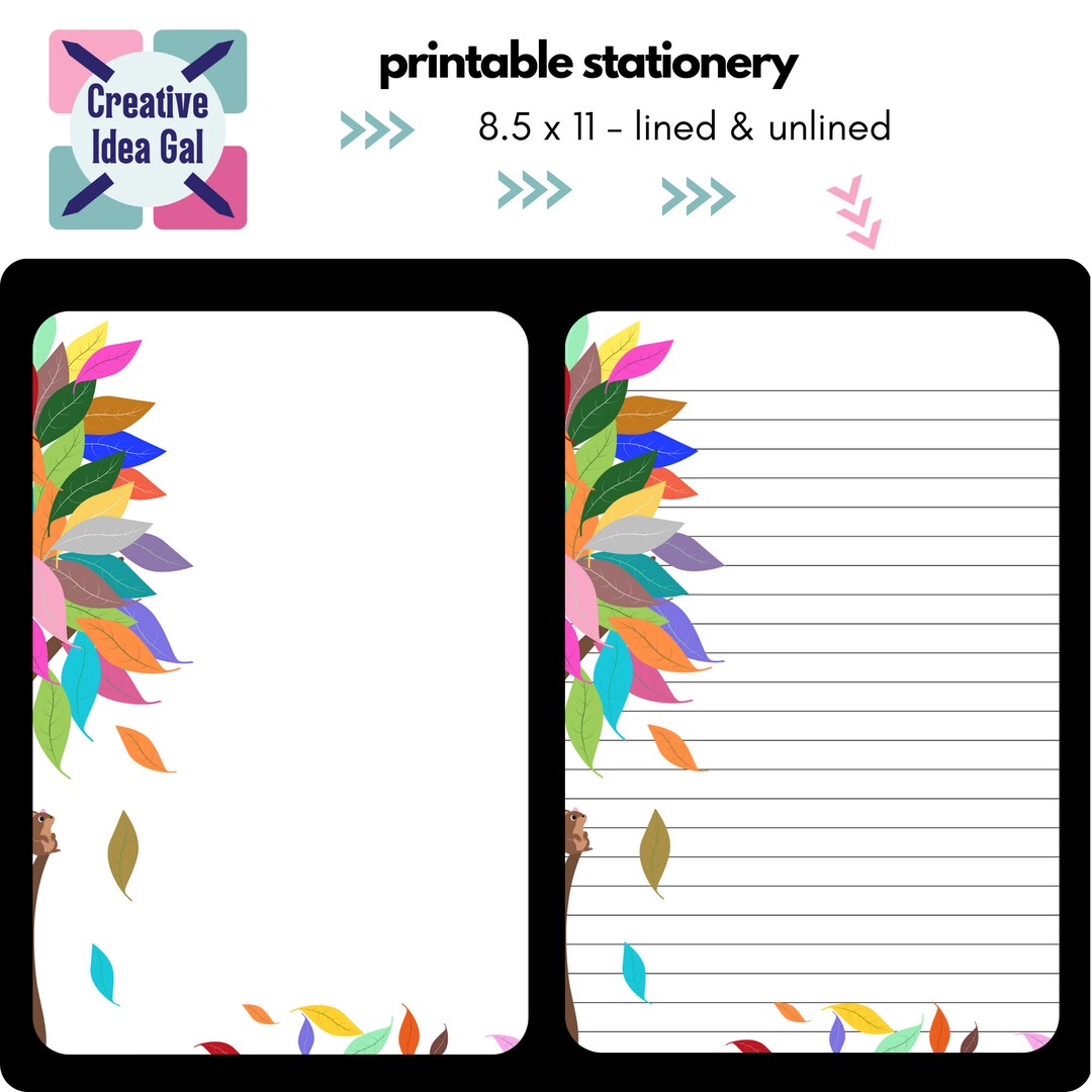 Printable Colorful Tree Squirrel Stationery, Lined Unlined Letter ...