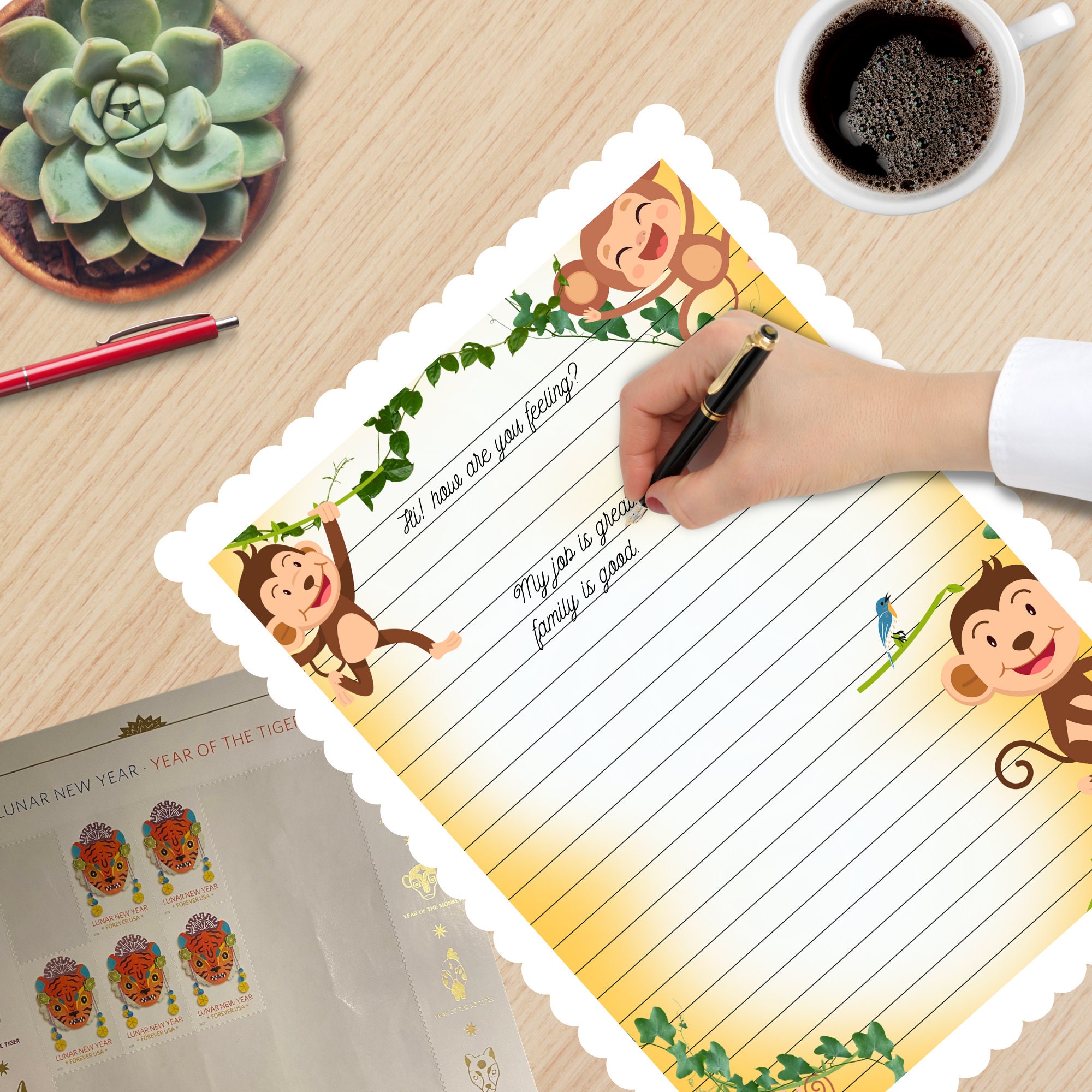 Printable Monkey Vine Stationery, Lined Unlined Letter Writing Paper ...