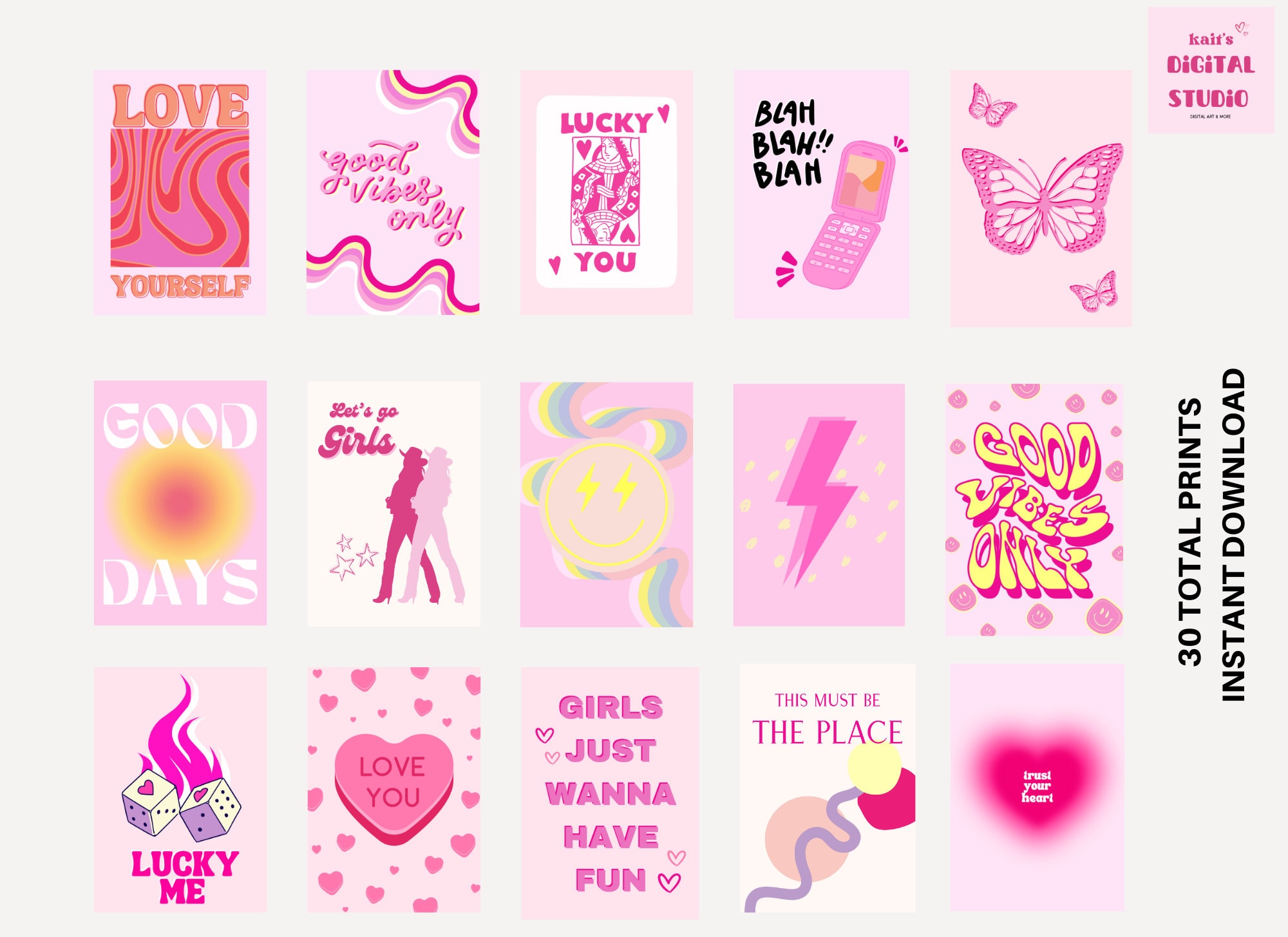 Pink Preppy Wall Collage Kit, Set of 30 Prints, Fun Good Vibes Girly ...