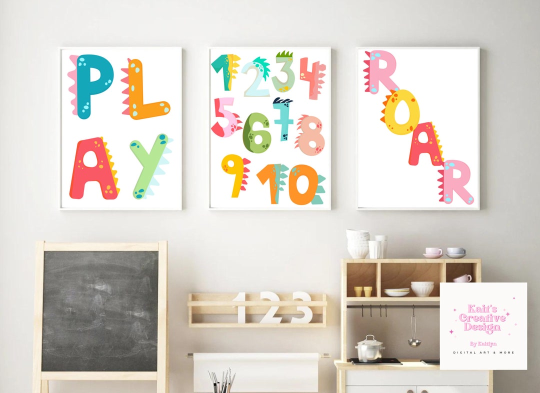 Playroom Dinosaur Themed Wall Posters, Set of 3 Dino Play Numbers Roar ...