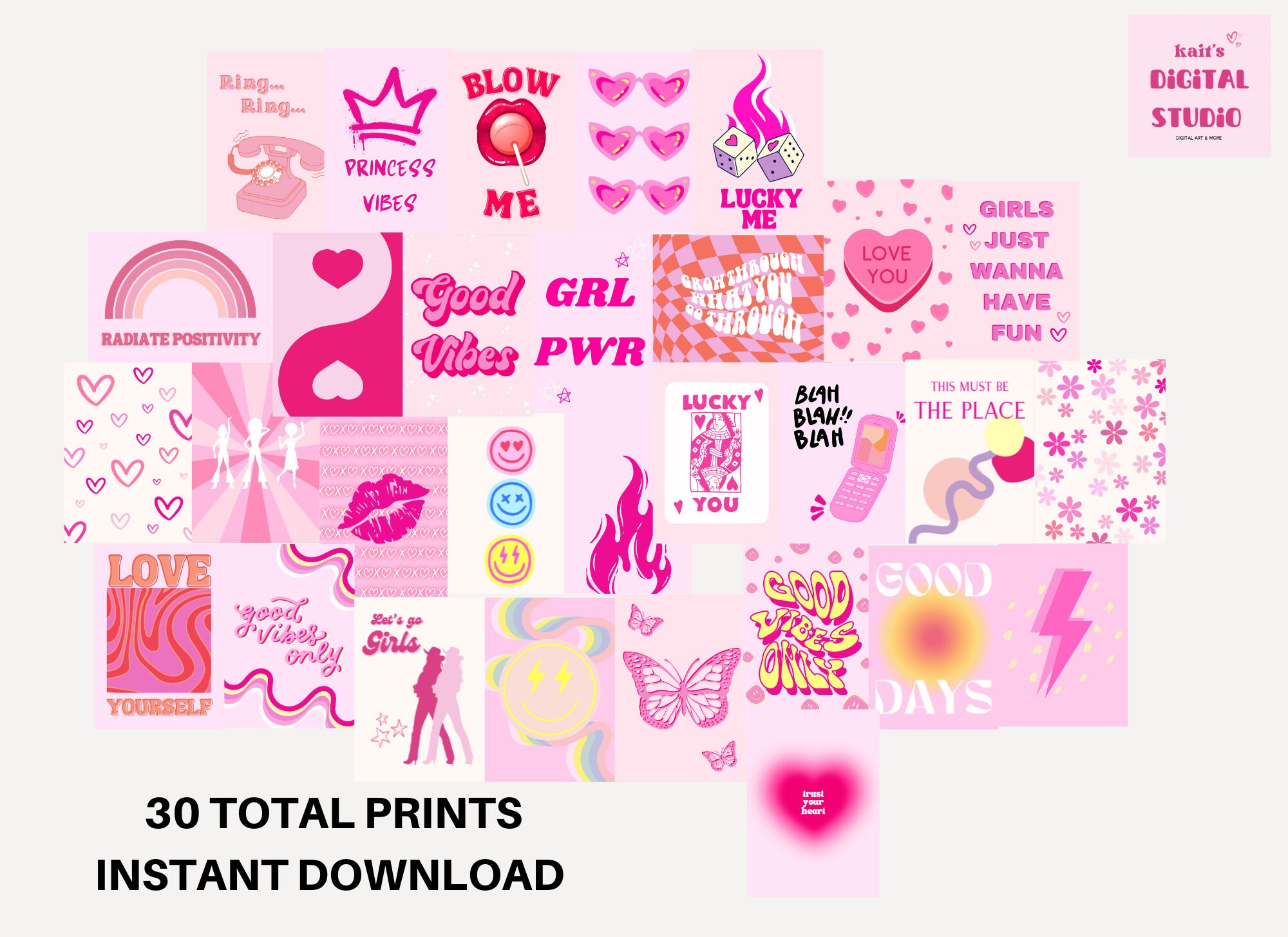 Pink Preppy Wall Collage Kit, Set of 30 Prints, Fun Good Vibes Girly ...