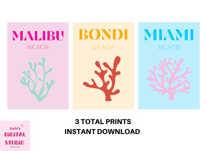Preppy Travel Prints, Set of 3 Aesthetic Vibrant Travel Posters, Miami ...