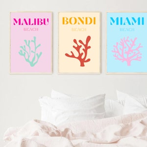 Preppy Travel Prints, Set of 3 Aesthetic Vibrant Travel Posters, Miami Beach, Malibu Beach ...