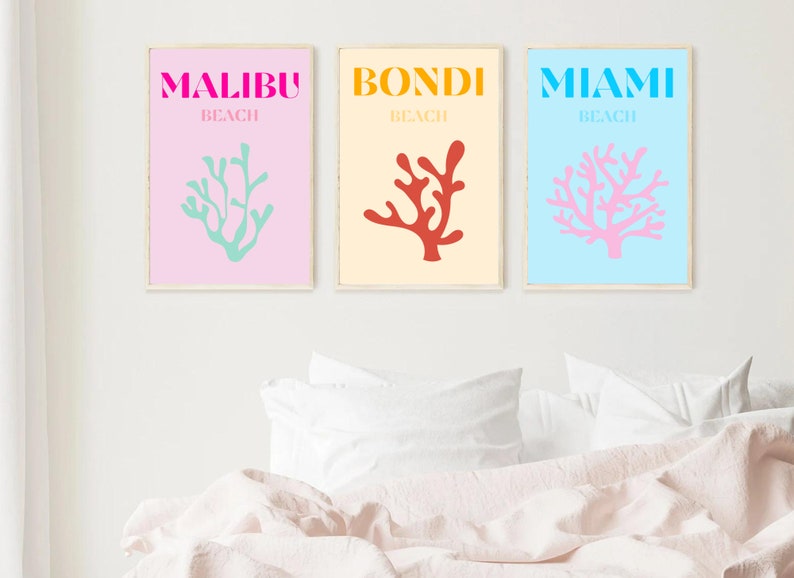 Preppy Travel Prints, Set of 3 Aesthetic Vibrant Travel Posters, Miami Beach, Malibu Beach ...