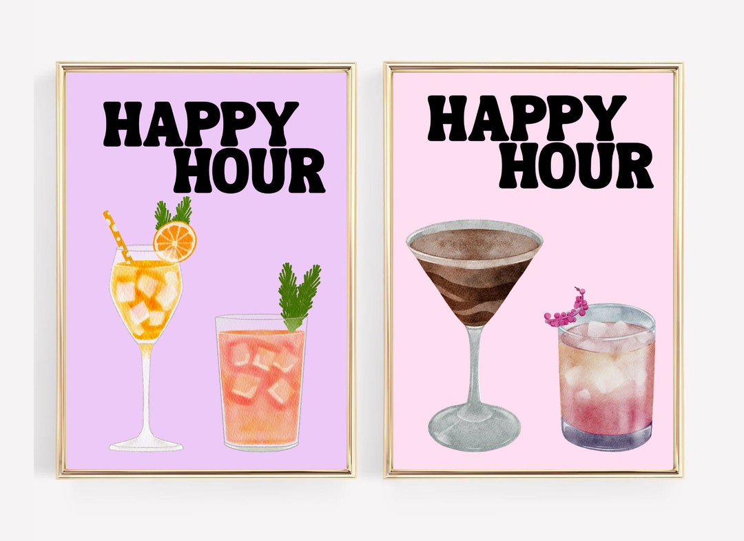 Fun Happy Hour Cocktail Posters, Set of 2 Bar Cart Wall Art, Instant ...