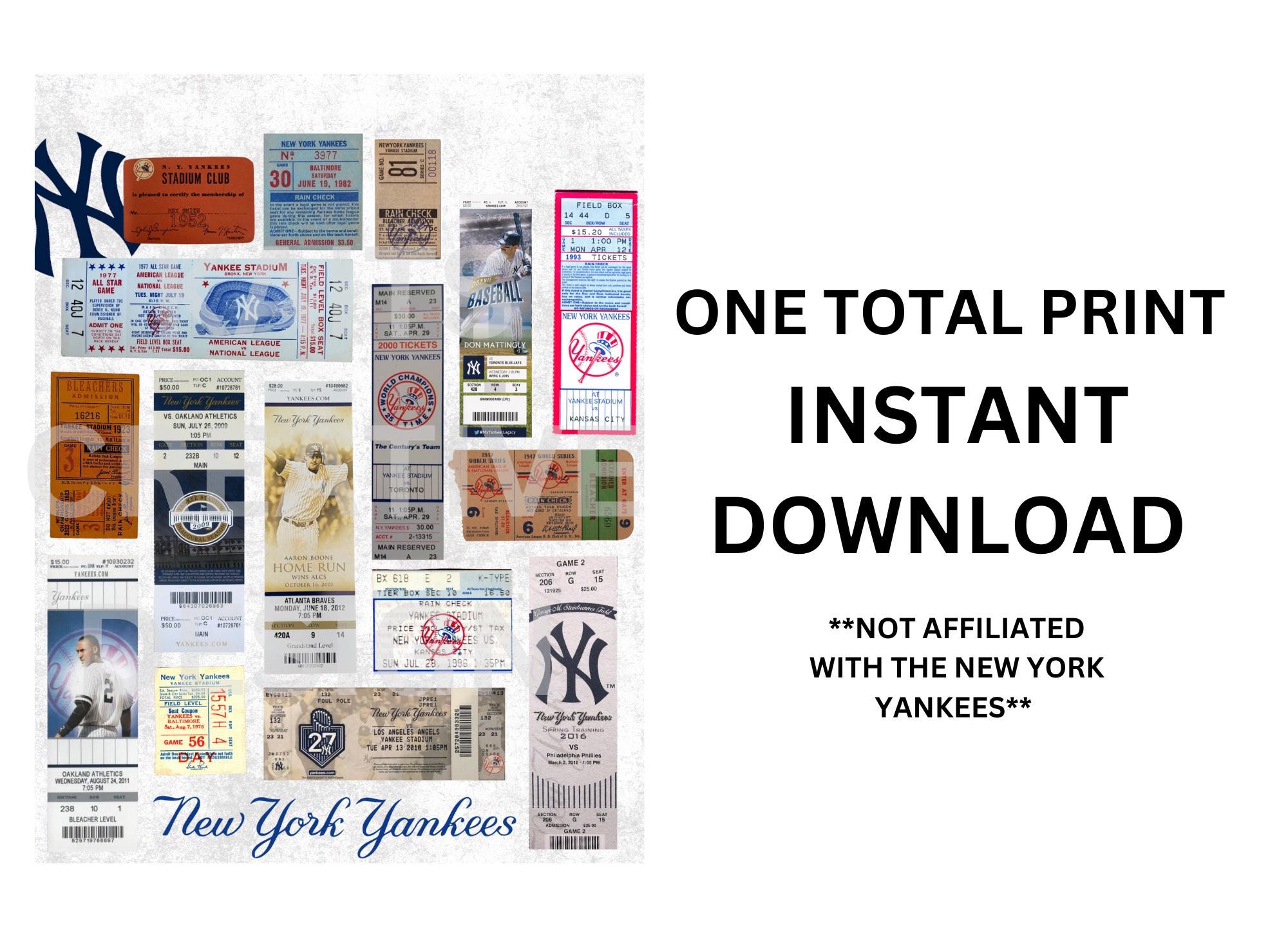 New York Yankees Poster, Digital Download Vintage Game Tickets Wall Art ...
