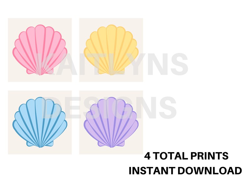 Beach House Seashell Wall Art Decor, Set of 4 Instant Download Colorful ...