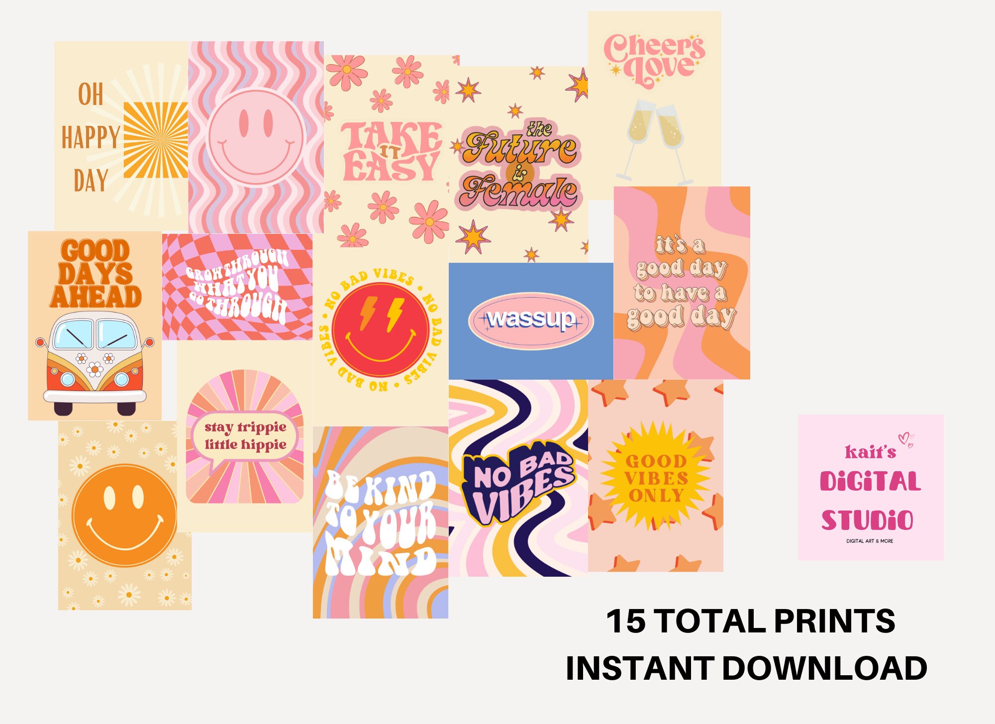 Funky Retro Wall Collage Kit, Set of 15 Groovy Preppy Aesthetic ...