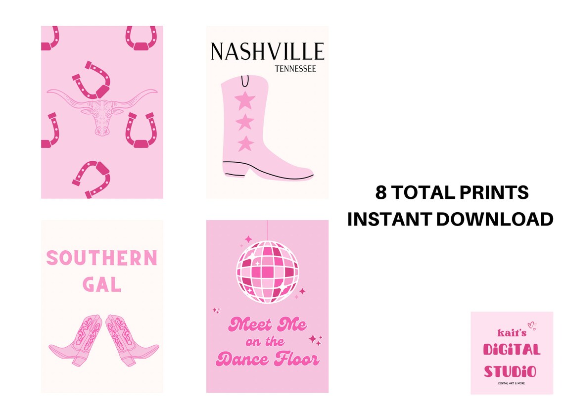 Pink Disco Cowgirl Wall Posters, Set of 8 Nashville Southern Gal ...