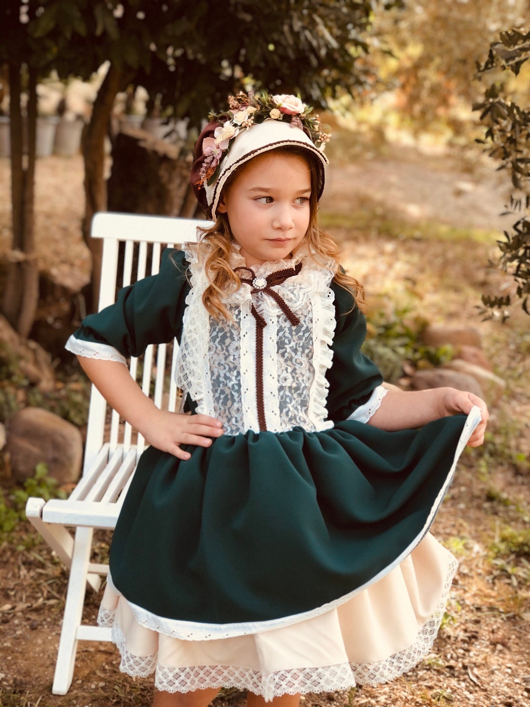 Green Cotton Lace Spring Girls Dress, Vintage Style Baby Girls Cute ...