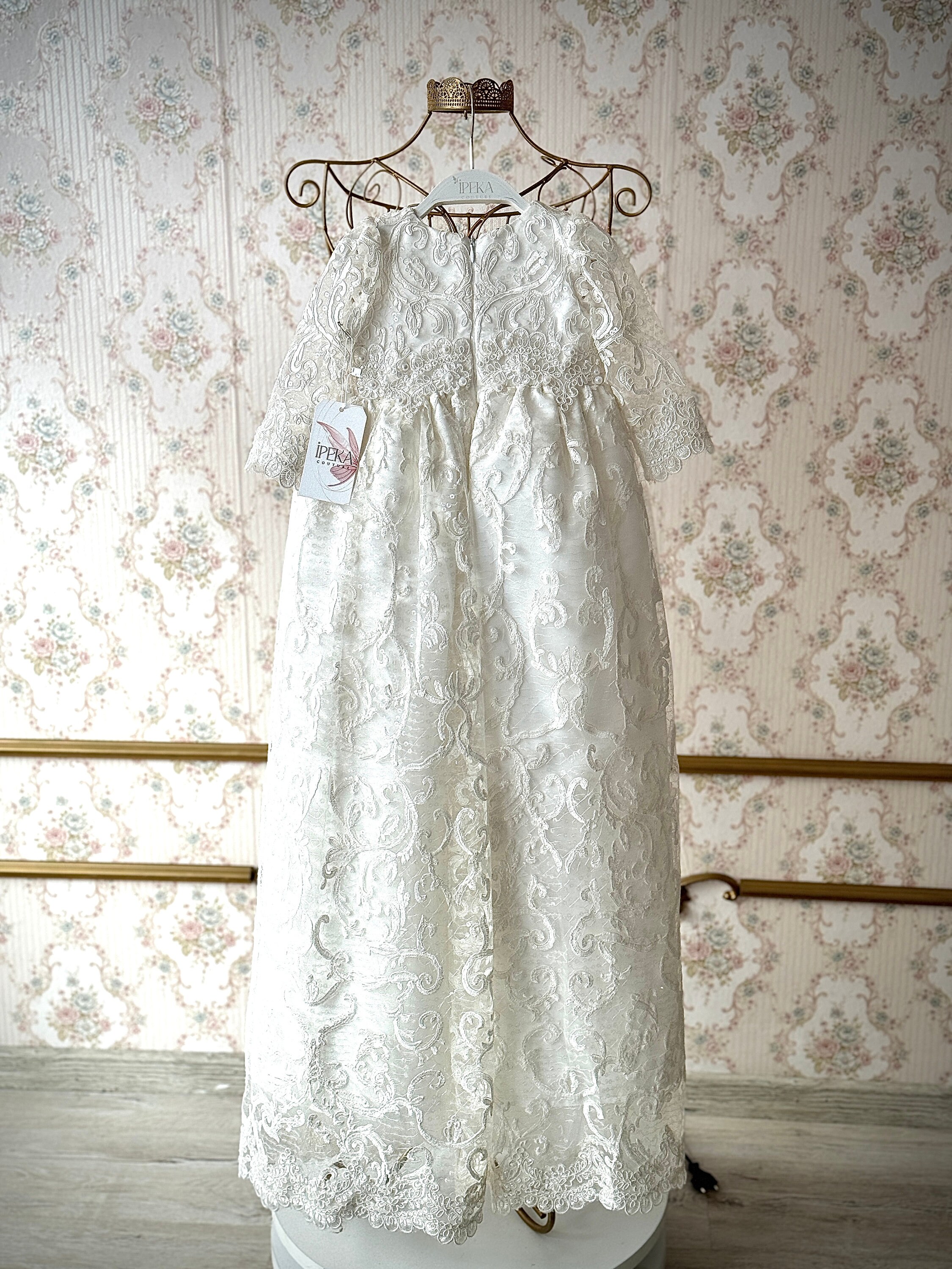 Embroidered Lace Christening Gown, Baby Girls Baptism Dress, Baptism Gown, Newborn Blessing ...