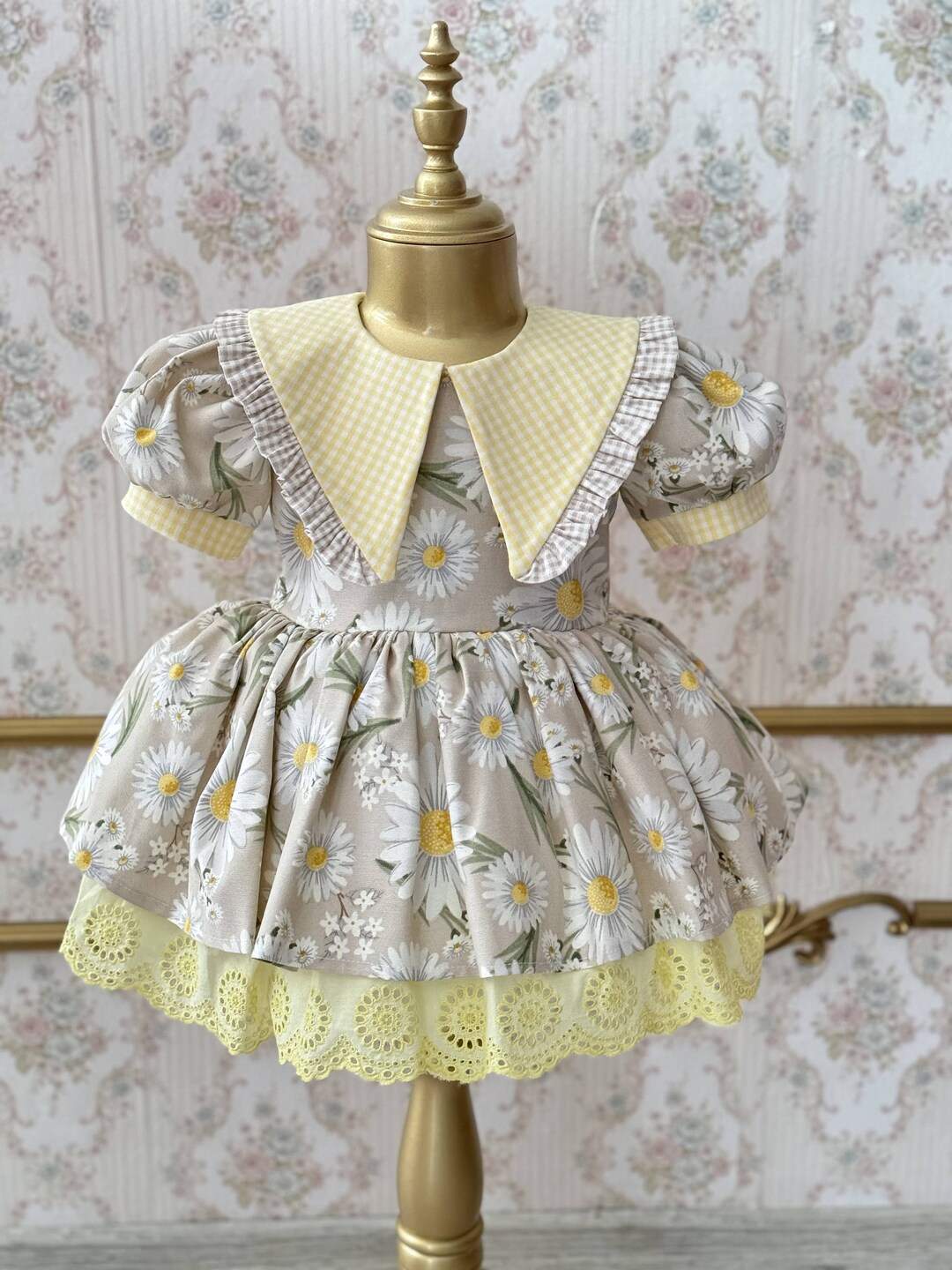 Baby Girl Linen Daisy Dress, Yellow Floral Collar, Bonnet - Etsy