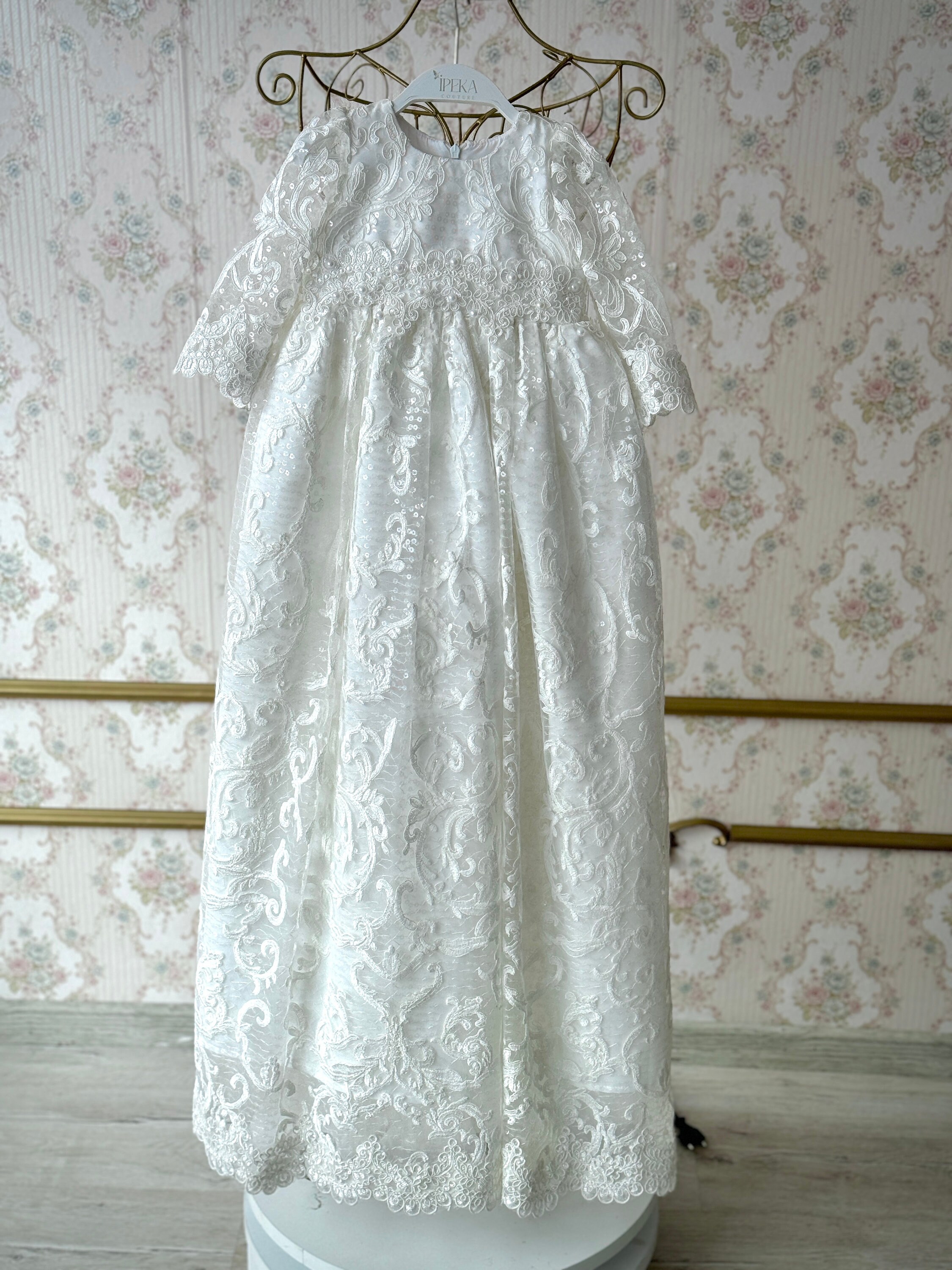 Embroidered Lace Christening Gown, Baby Girls Baptism Dress, Baptism Gown, Newborn Blessing ...