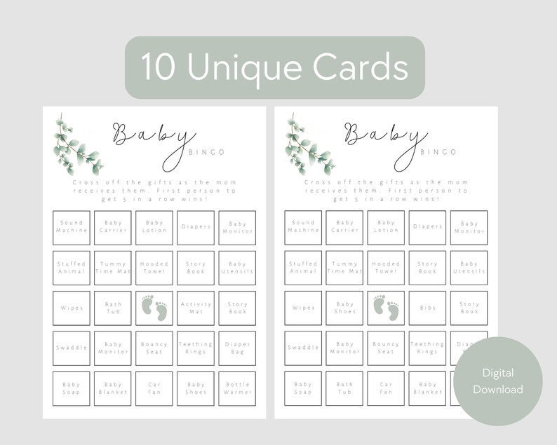 10 Unique Prefilled Baby Shower Bingo Game Cards Sage Green Eucalyptus ...