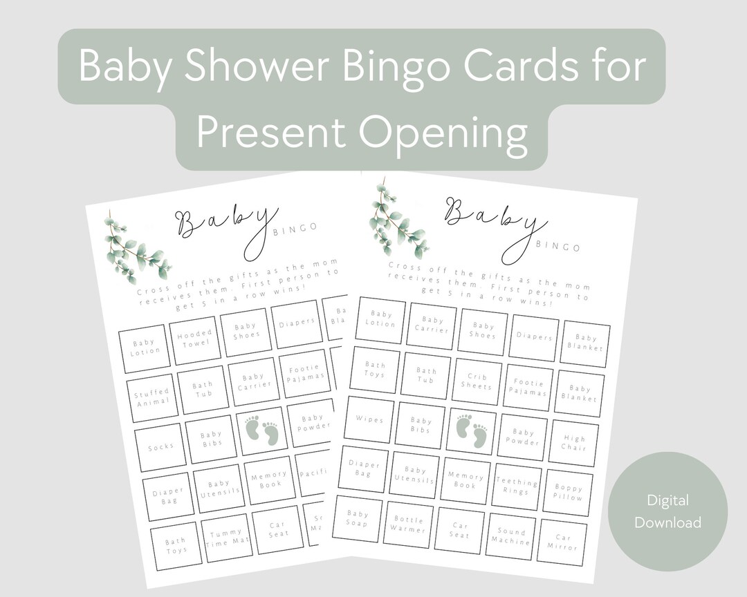 10 Unique Prefilled Baby Shower Bingo Game Cards Sage Green Eucalyptus ...