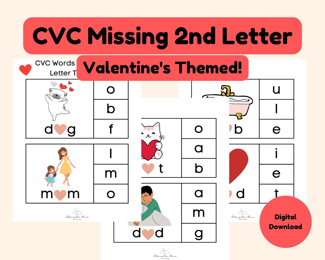 24 CVC Words Missing 2nd Letter Valentines Day Learning - Etsy