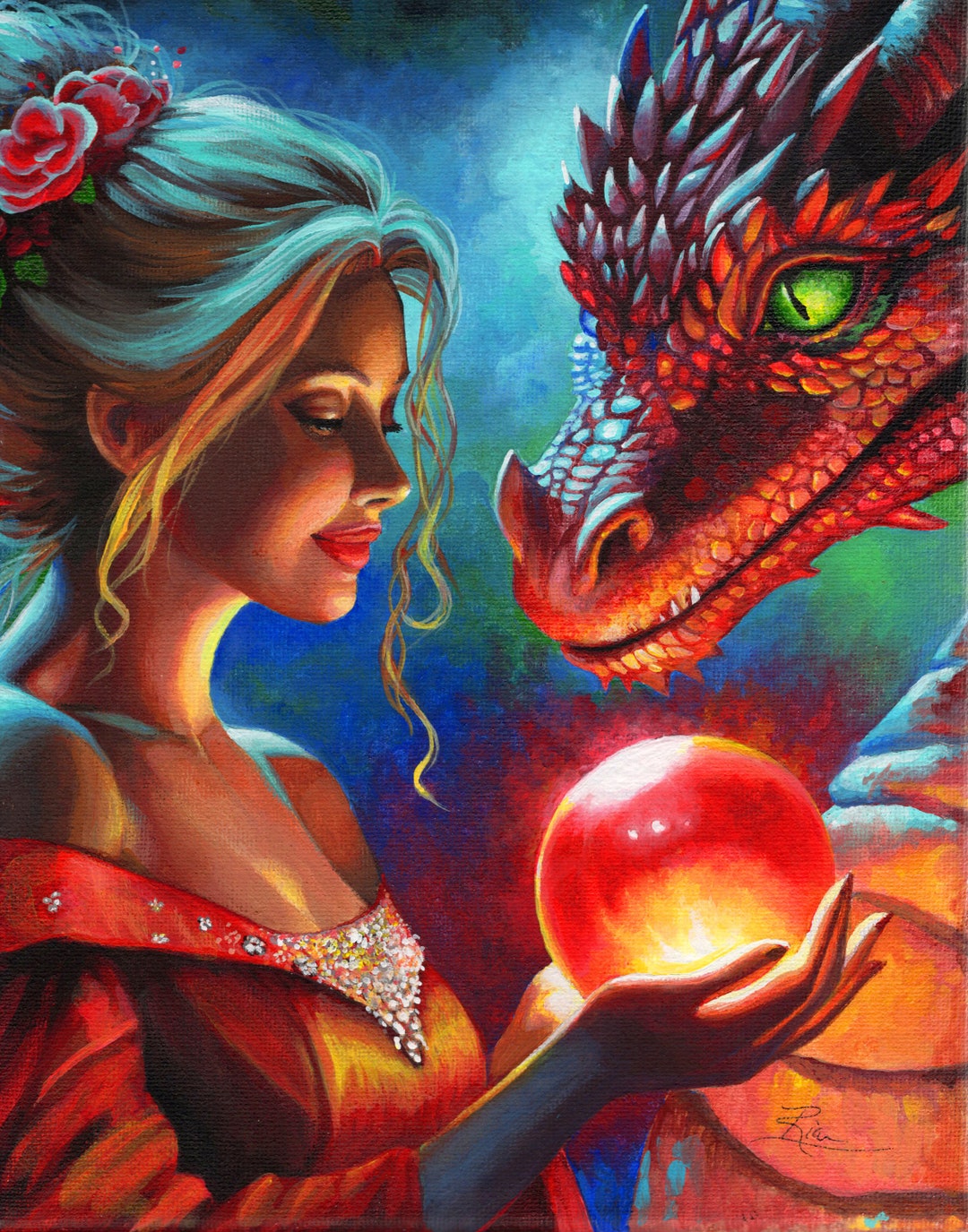 Dragon Painting Fantasy Art Painting of a Dragon and Sorcererous ...