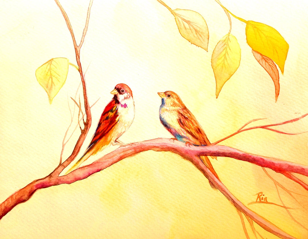 Original Watercolor Painting of Sparrows on a Branch Surrounded by ...