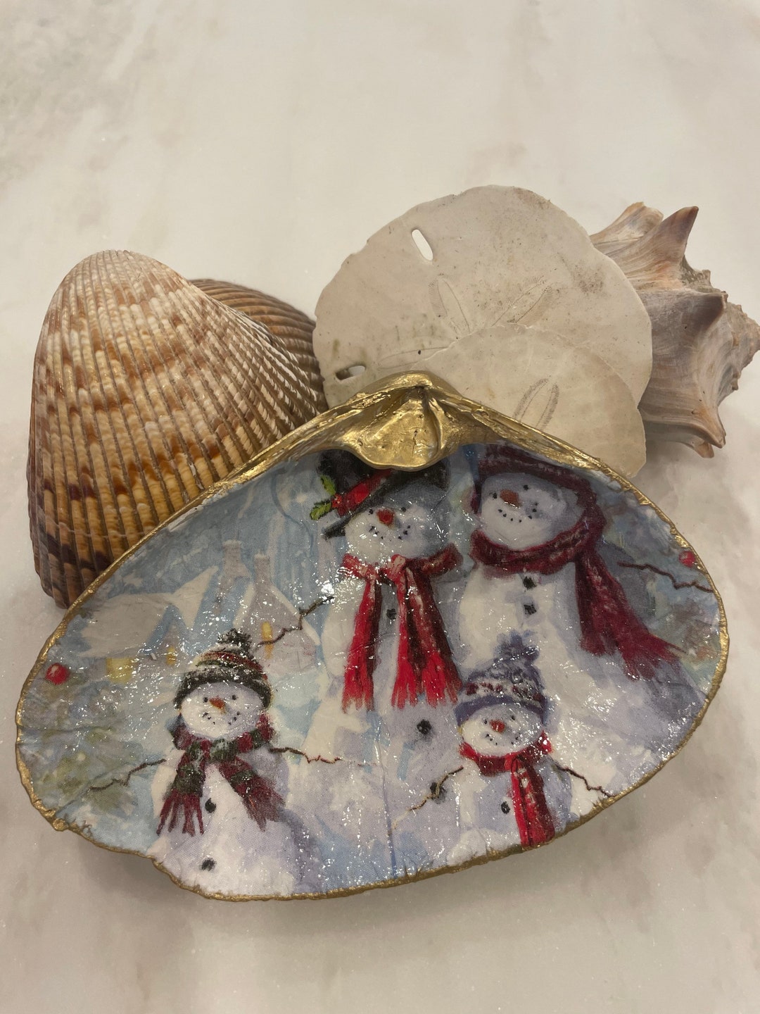HANDMADE Snowman Decoupage Clam Shell Trinket Dish - Etsy