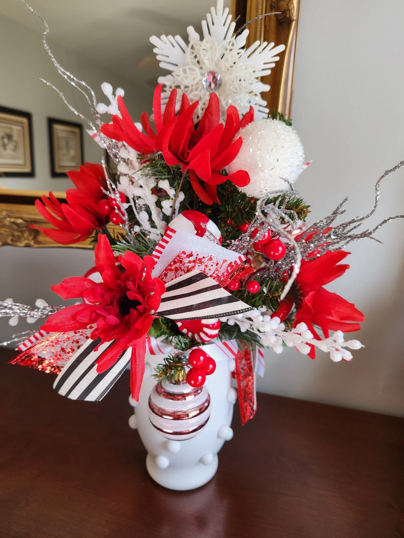 Christmas Holiday Vase With Ornaments, Flowers, Pinecones, Berries and ...