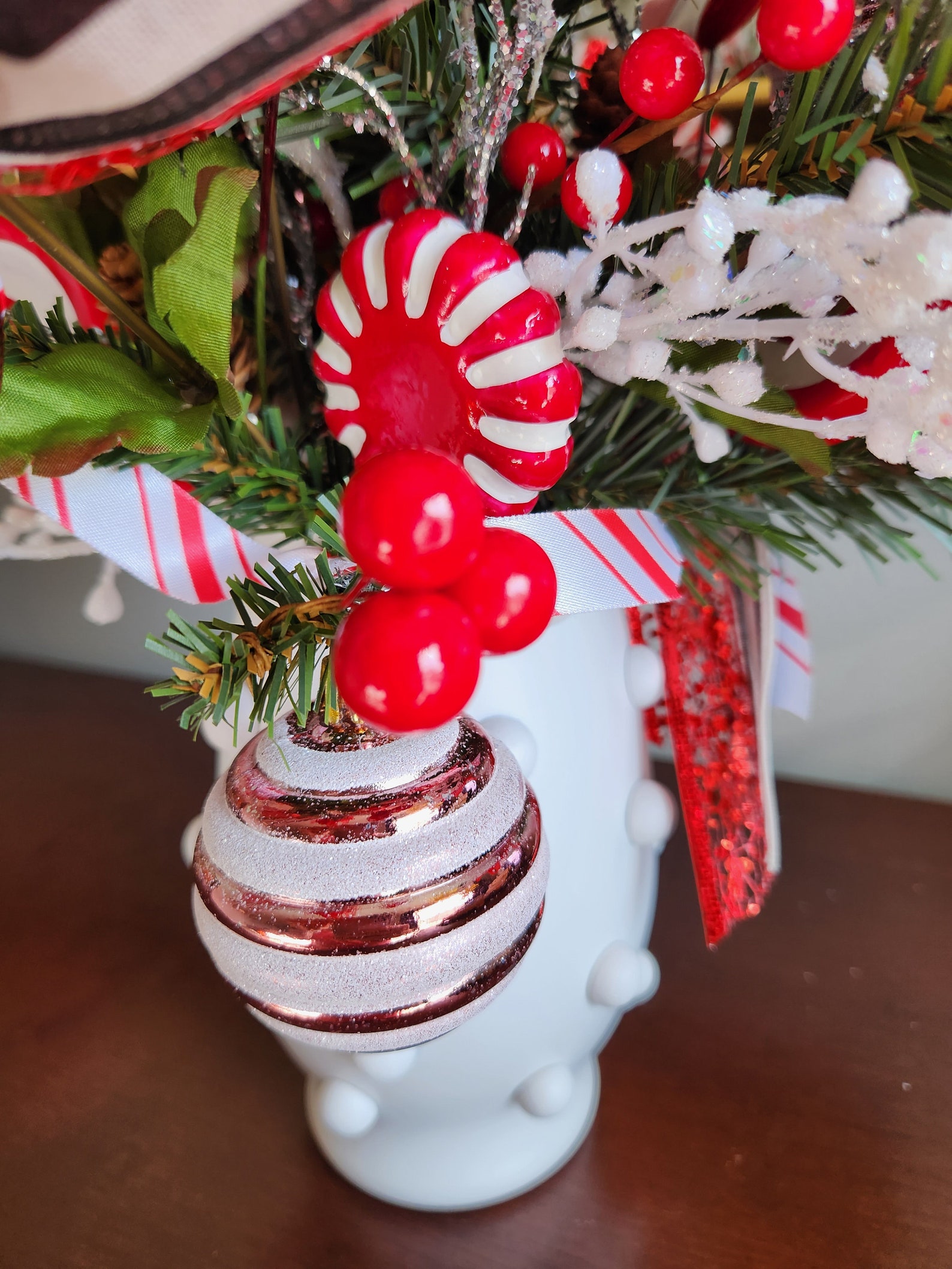 Christmas Holiday Vase With Ornaments, Flowers, Pinecones, Berries and ...