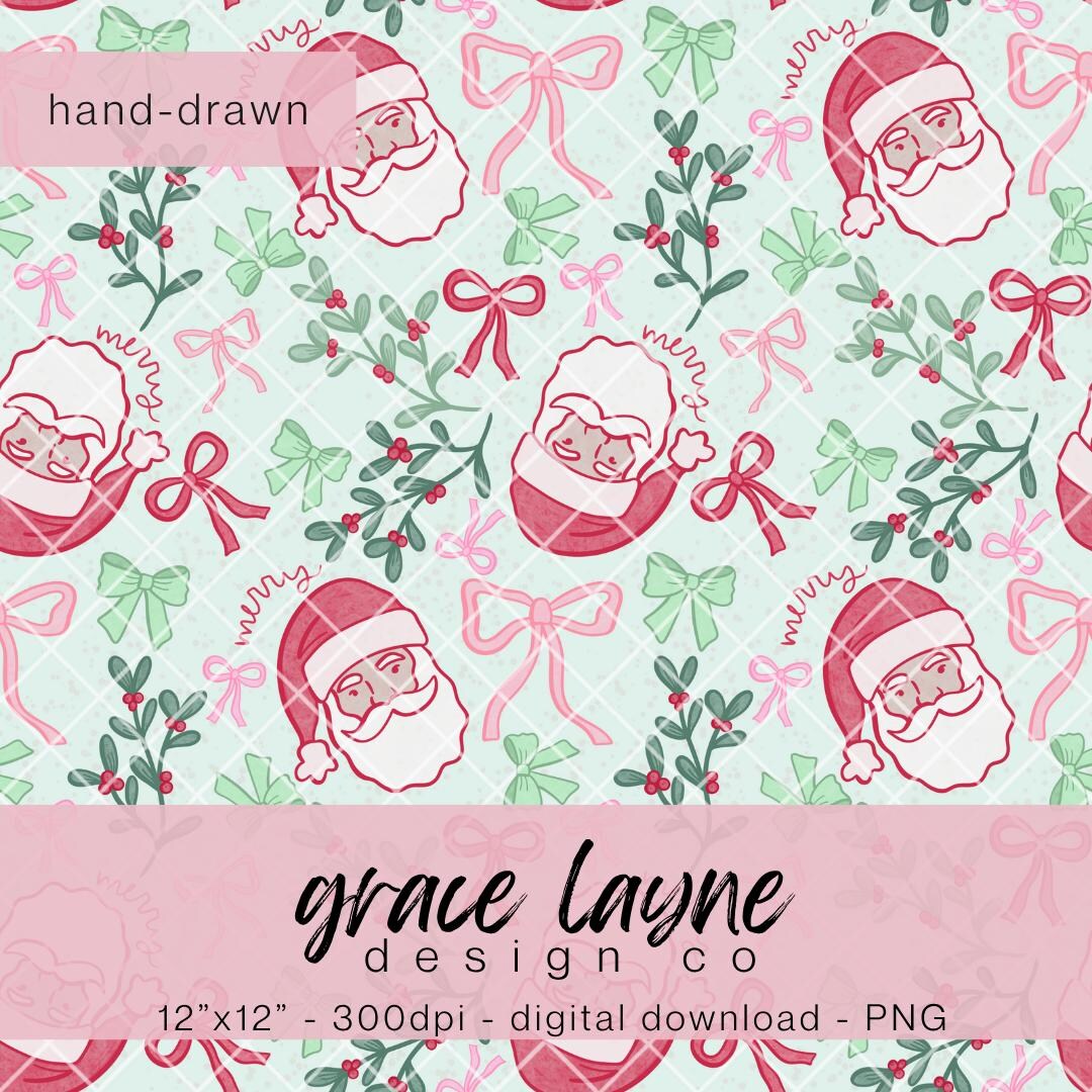 Mint and Pink Christmas Santa Bows Coquette Holiday Seamless Pattern ...