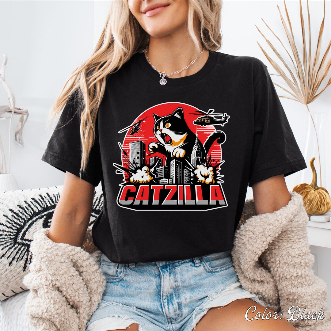 Catzilla Cat Funny Tee, Meme Shirt for Fall, Smiley Tee Shirt ...