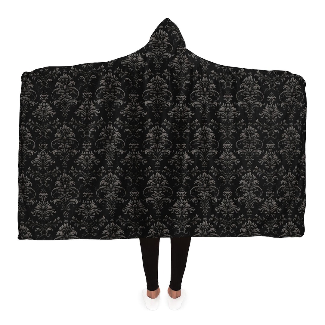 Dark Gothic Damasc Black Emo Pattern Hooded Blanket, Fleece Blanket ...