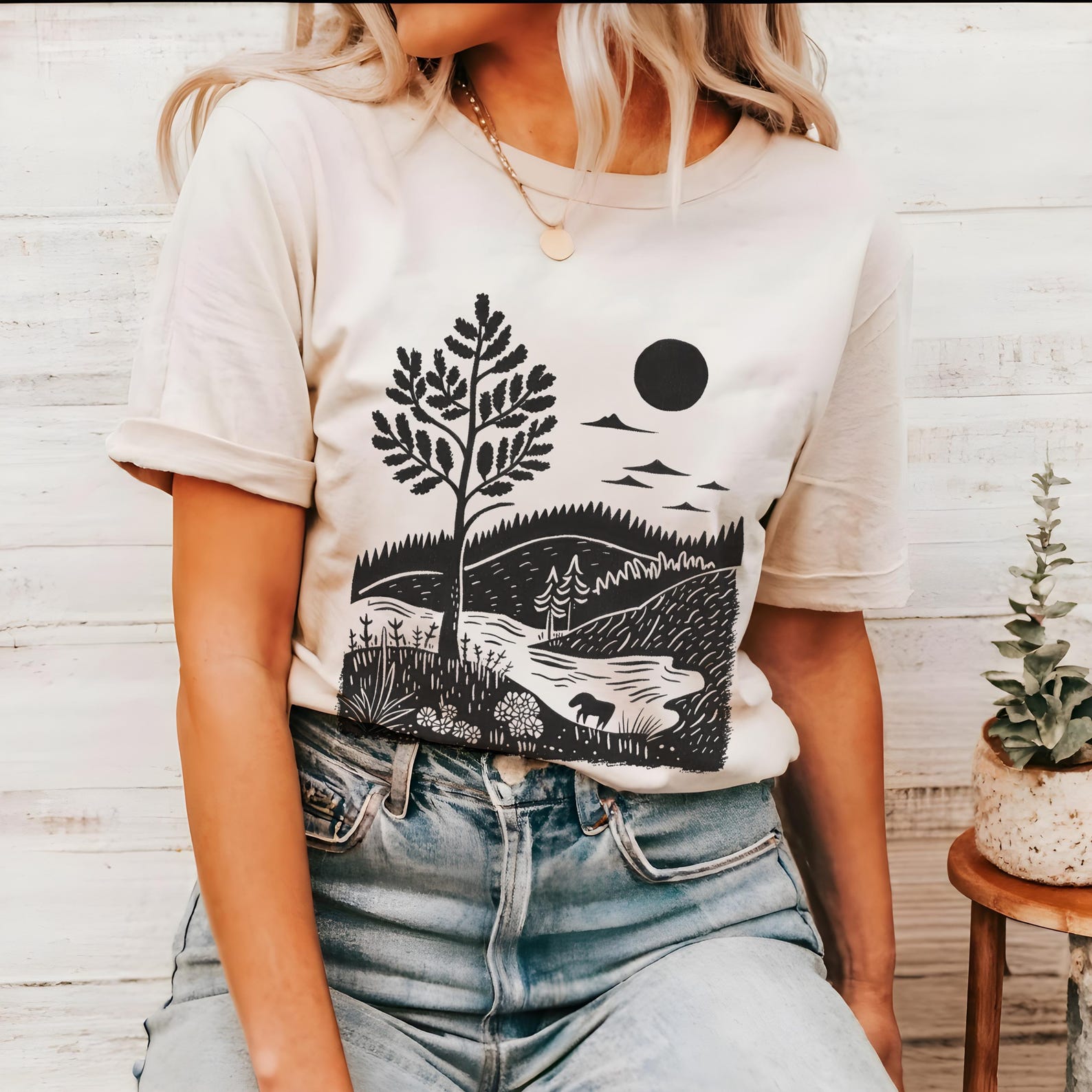 Classic Landscape, Block Print Shirt, Naturelover Gift, Woodcut Linocut ...
