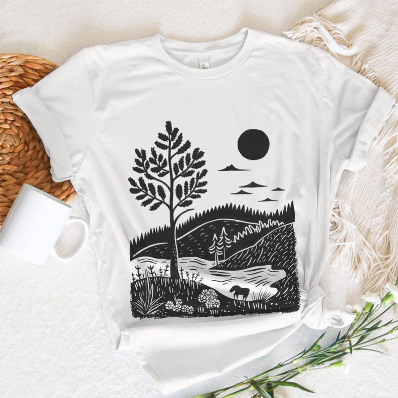 Classic Landscape, Block Print Shirt, Naturelover Gift, Woodcut Linocut ...
