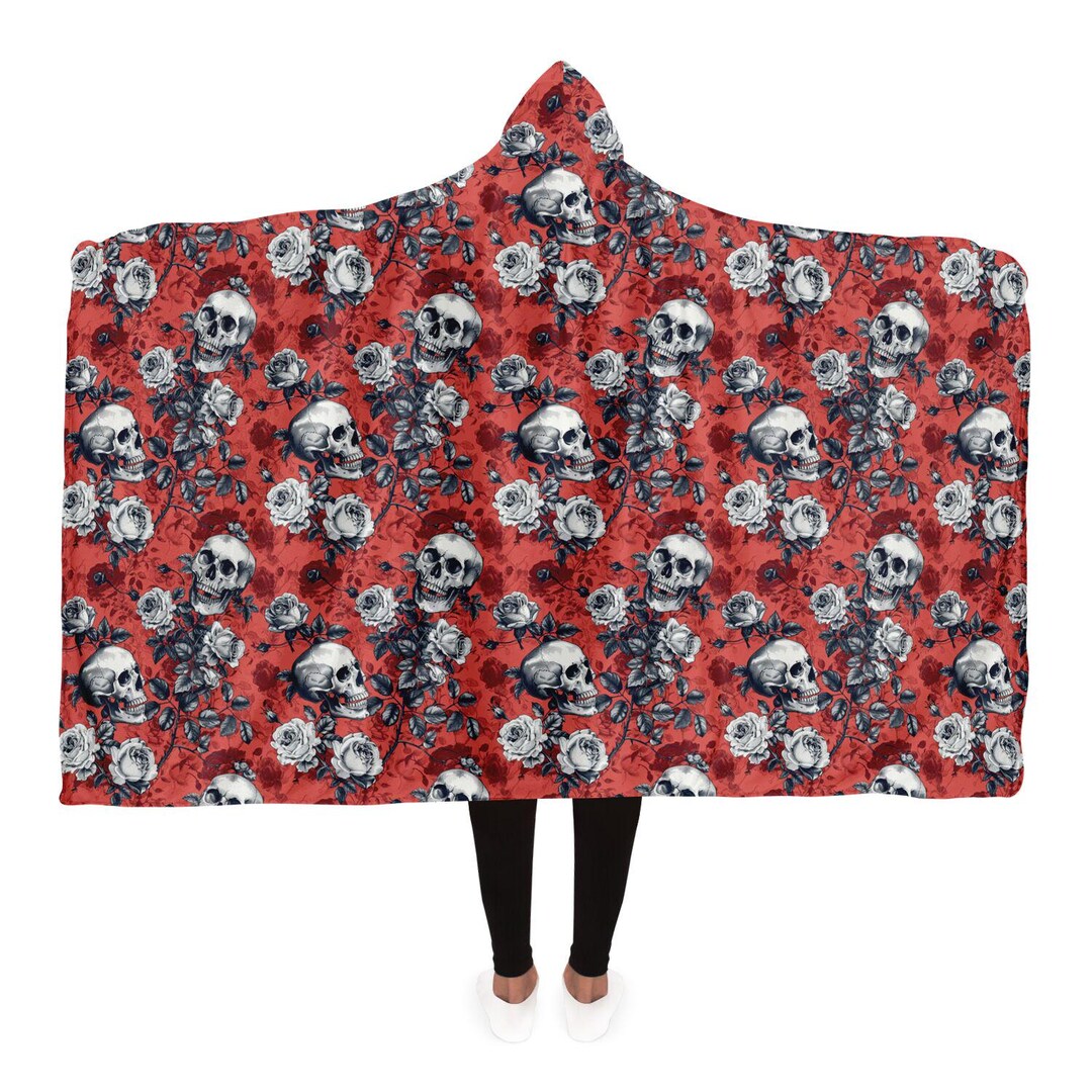 Red Black Roses Skulls Emo Goth Hooded Blanket, Fleece Polar for Men ...