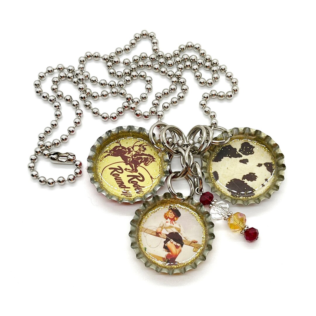 Rodeo Round up Cowgirl Bottle Cap Necklace, With Red, Gold and Clear ...