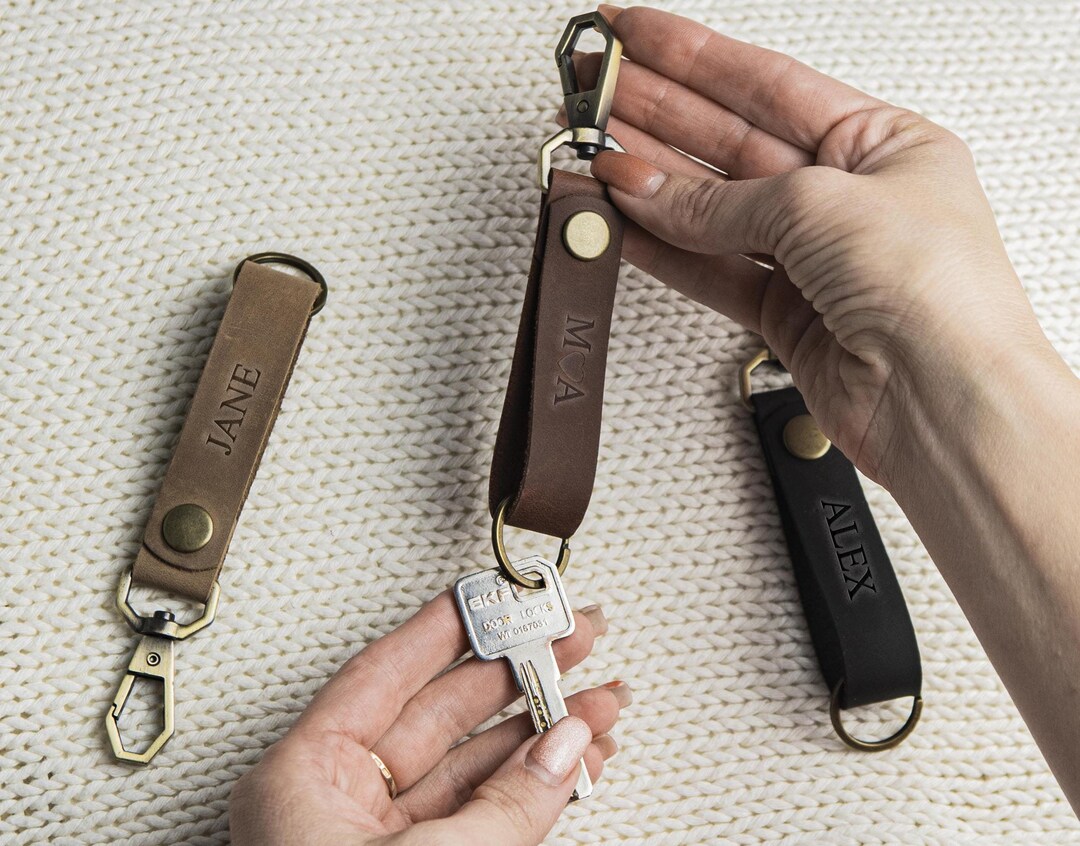 Personalized Leather Keychain With Metal Snap, Leather Key Fob, Slim ...