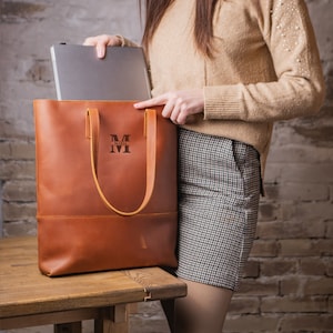 Personalized Leather Tote Laptop Work Bag, Women's Tote, Full Grain ...