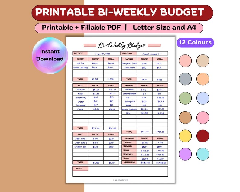 Bi-weekly Paycheck Budget Printable, Bi Weekly Budget Planner 2024/2025 ...