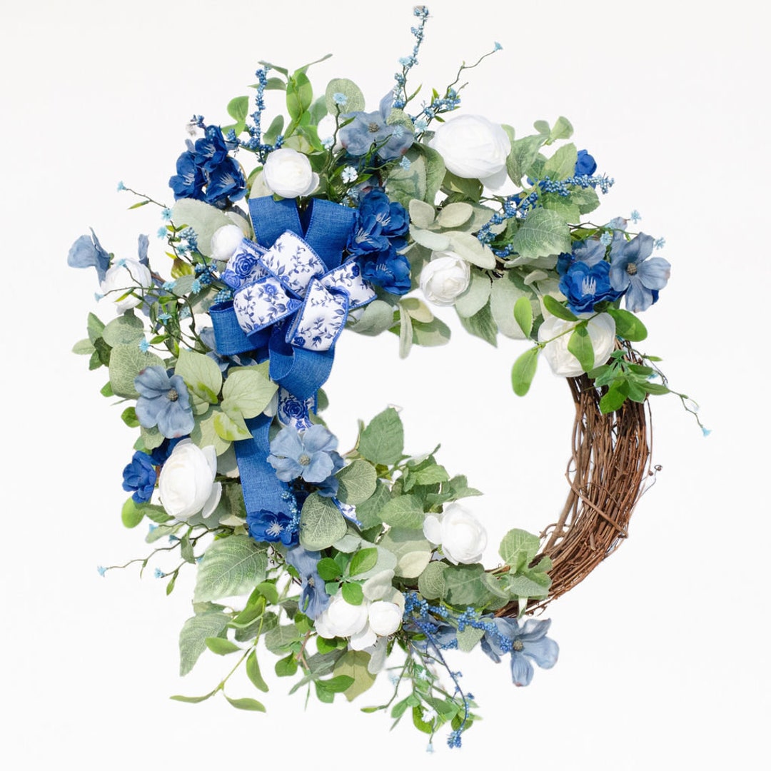 Blue & White Floral Grapevine Wreath: Elegant Spring Summer Decor - Etsy