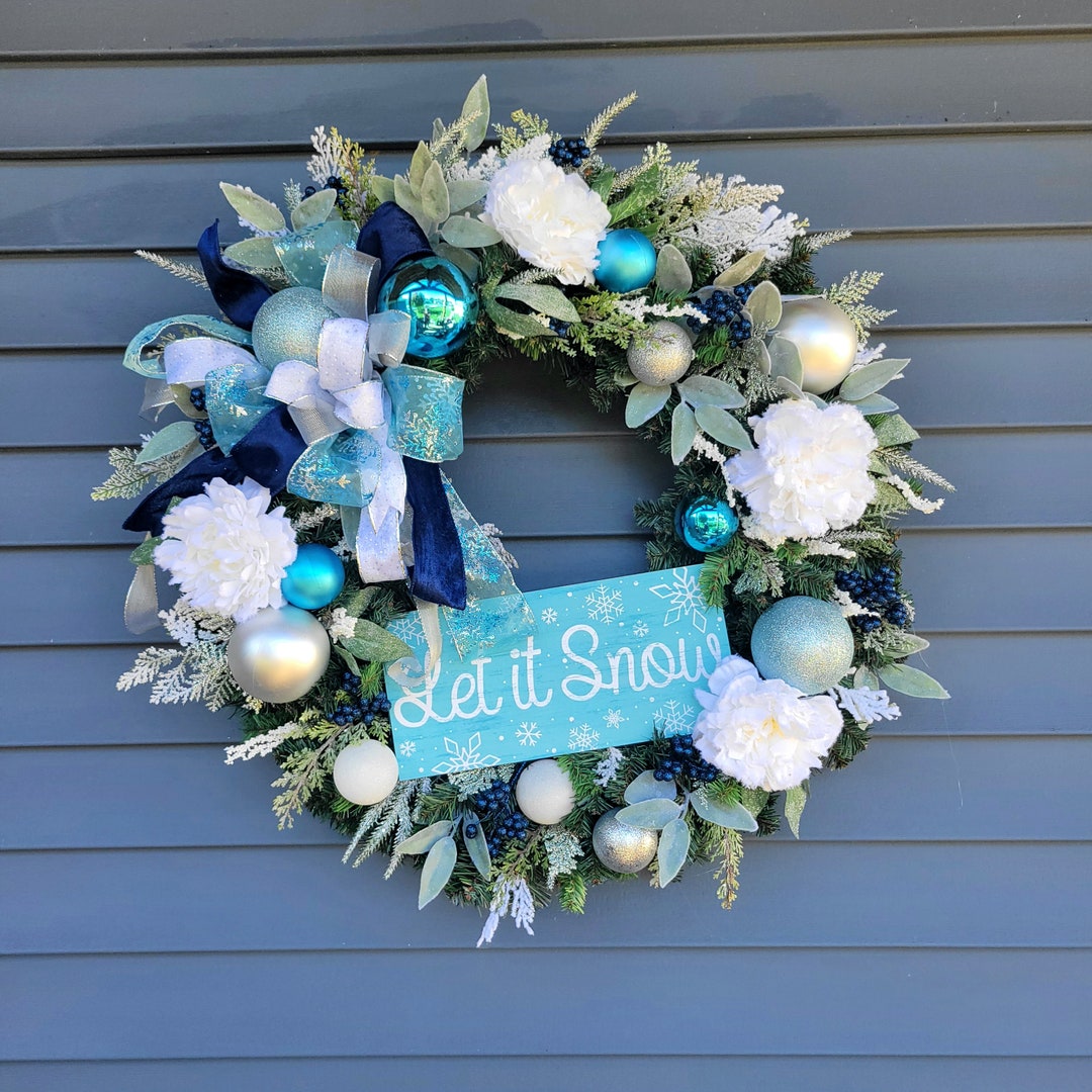 Elegant Blue Silver Holiday Wreath, Blue Christmas Wreath, Christmas ...