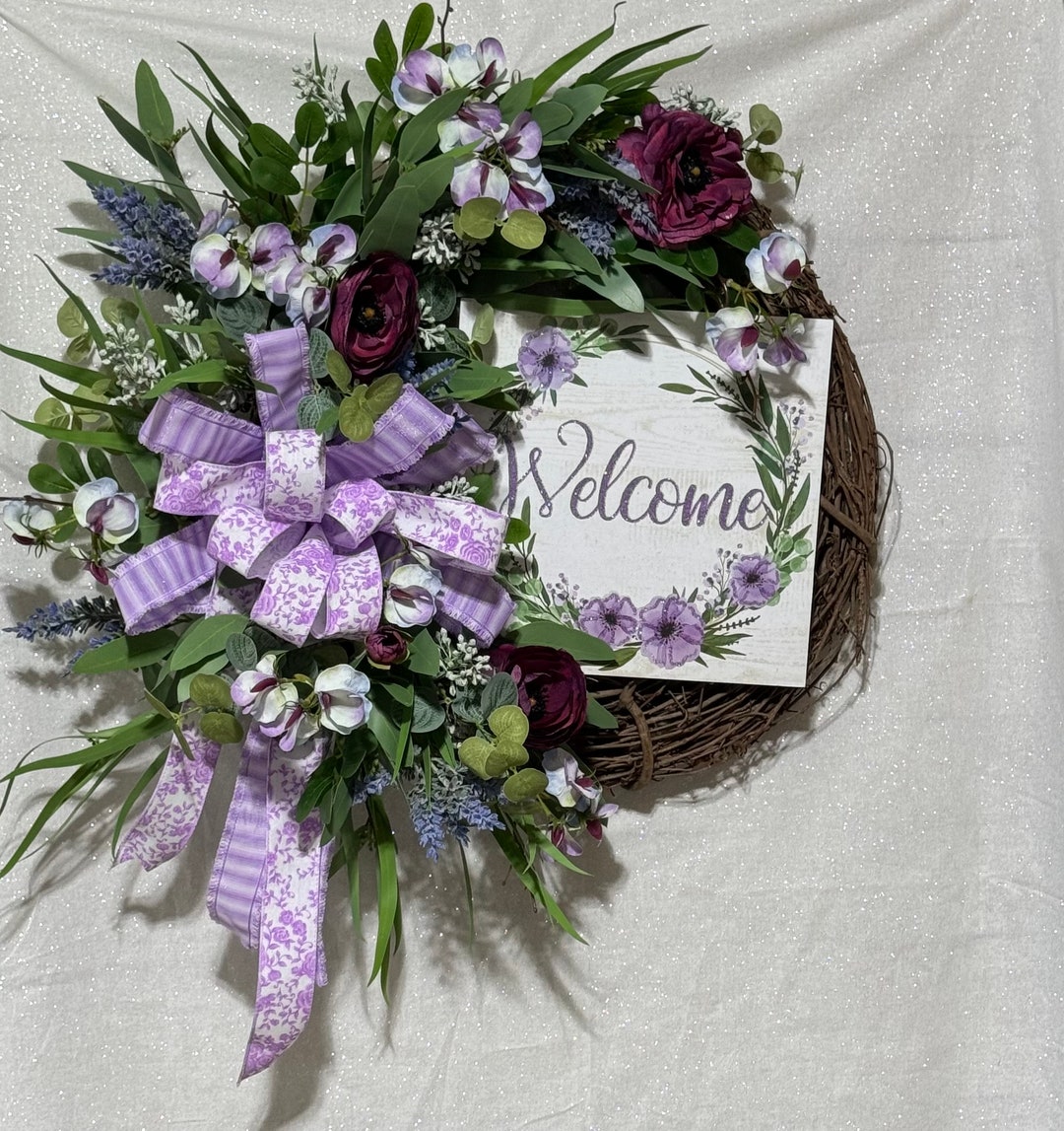 Lavender Welcome Wreath With Fuchsia Ranunculus, Periwinkle Sweet Peas ...