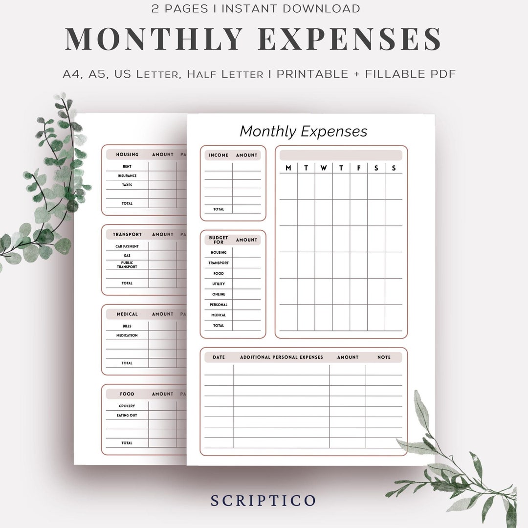 Editable Monthly Expense Tracker, Printable Budget Planner, Fillable ...