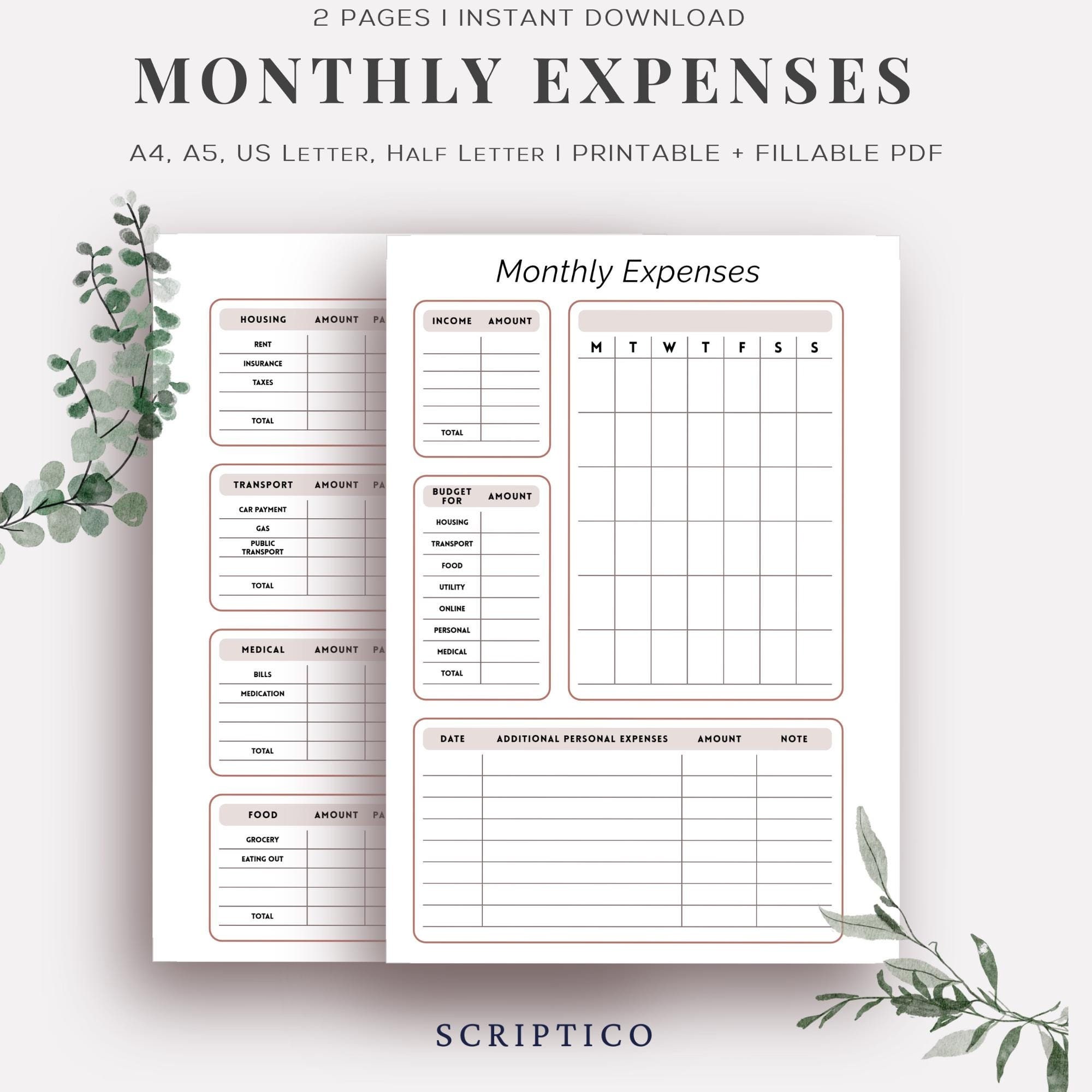 Editable Monthly Expense Tracker, Printable Budget Planner, Fillable ...