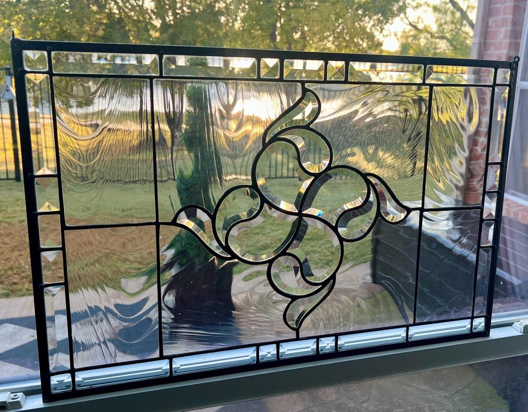 Handmade Bevel Cluster Stained Glass Window Panel Clear Textured Glass ...