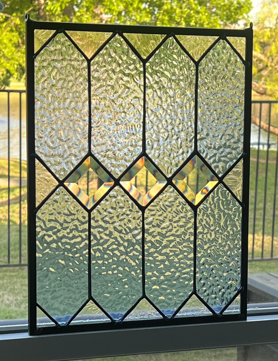 Handmade Beveled Stained Glass Window Panel, Light Blue English Muffle ...