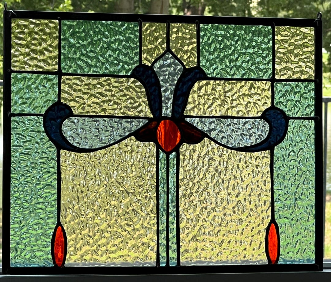 Handmade Tiffany Style Stained Glass Window Panel, Pale Blue Amber ...