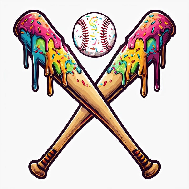Baseball Ice Cream Drip Sticker, Rainbow Drip Bat Decal | Waterproof ...