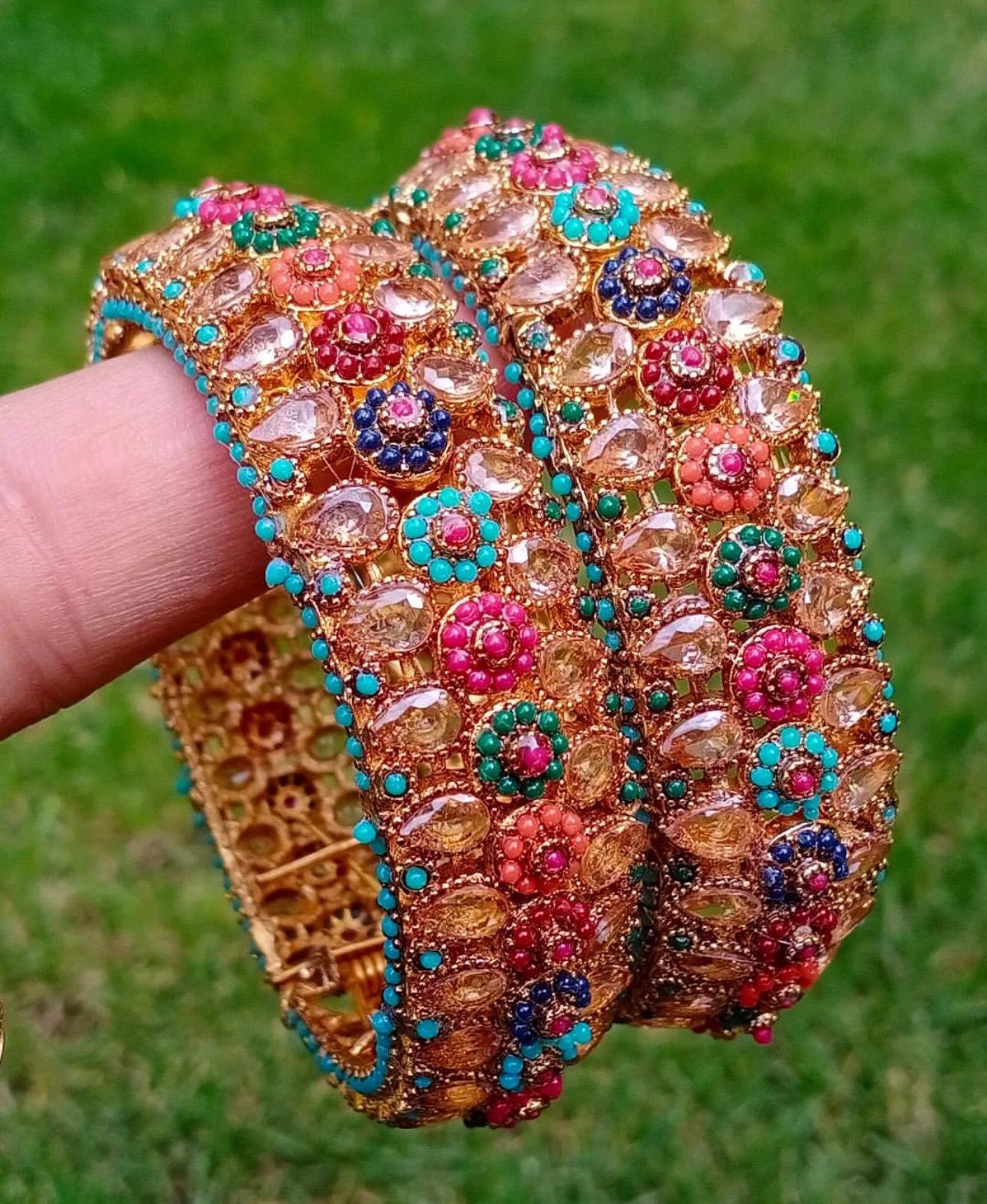 2 Piece Pakistani Navratan Bangles in Ruby, Emerald and Champagne ...