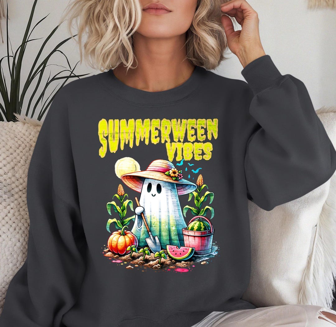 Summerween Vibes Png With Grunge Effect, Retro Ghost Gardening Png ...