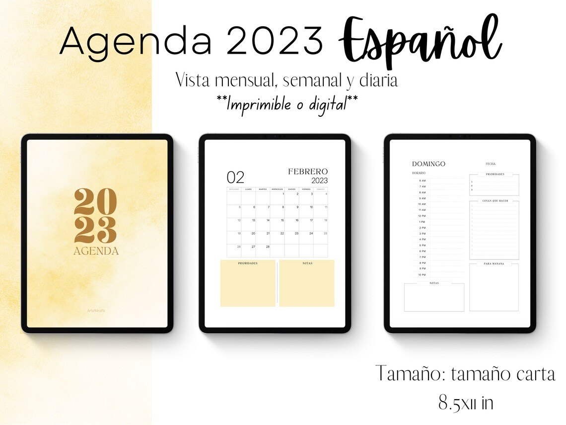 Agenda Amarilla, Agenda 2023 En Español, Planificador Diario, Printable ...